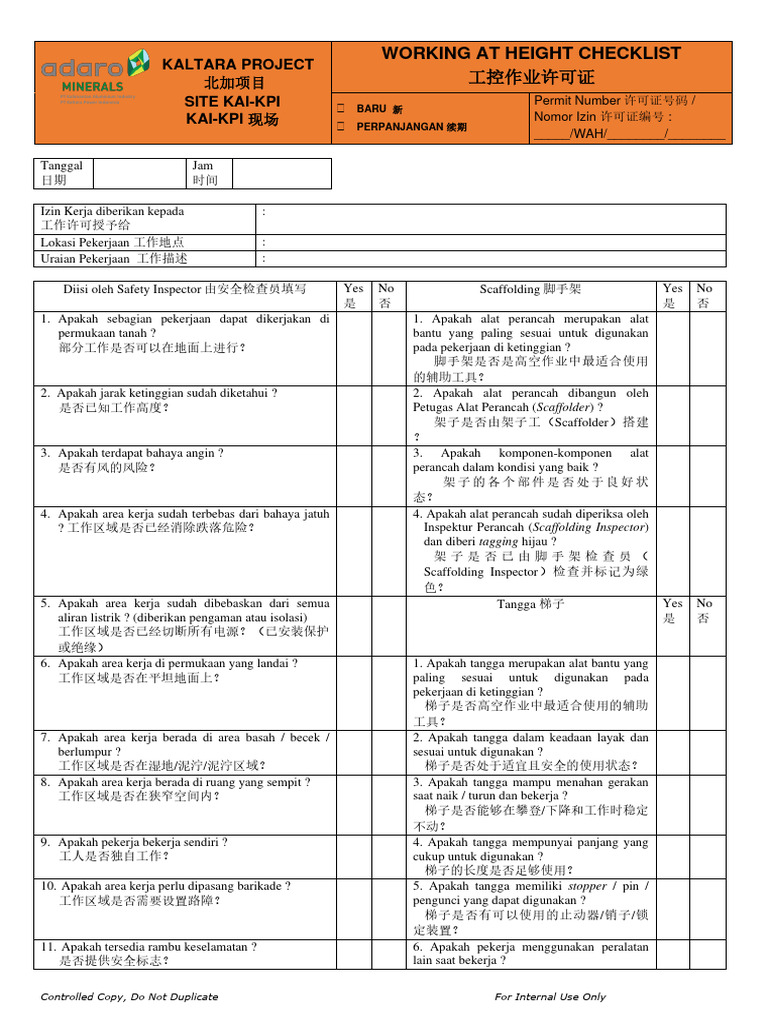 KPS-HSES-FR-SF-070 Form WORKING AT HEIGHT CHECKLIST - Terjemah | PDF