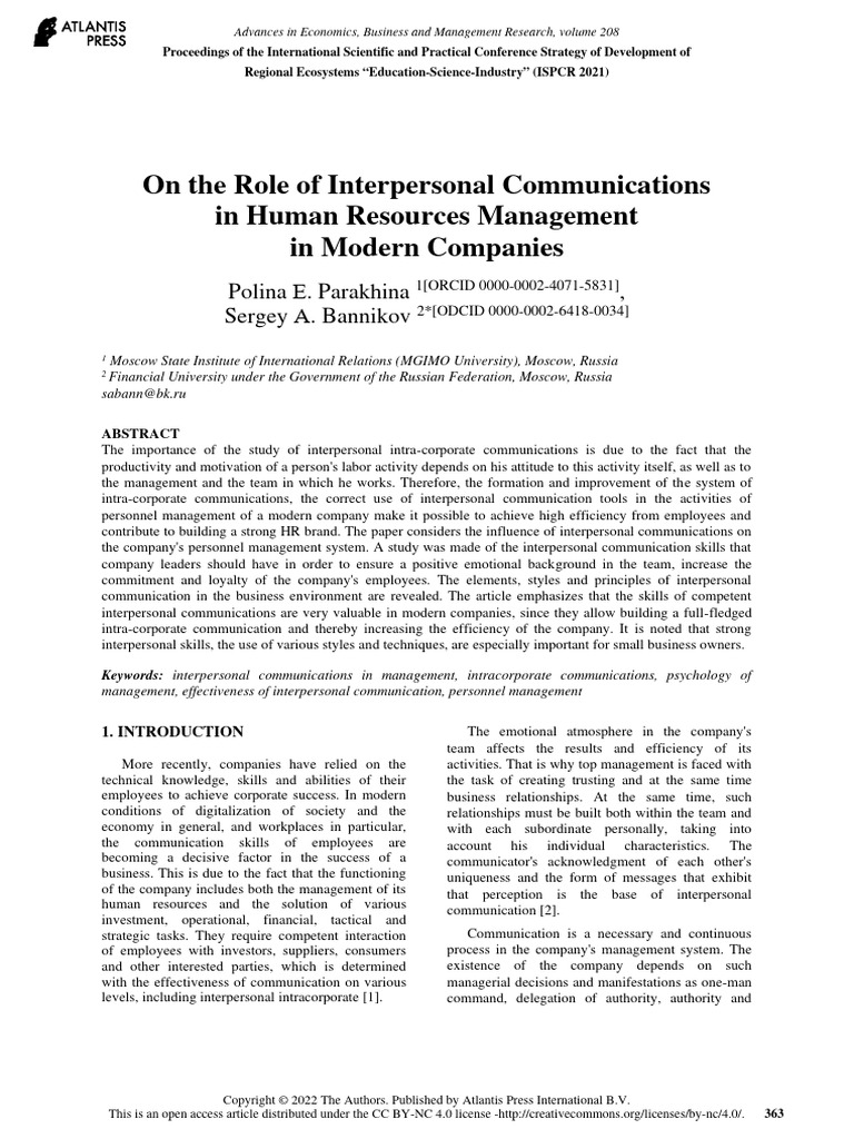 On The Role of Interpersonal Communications in Human Resources Management in Modern Companies ...