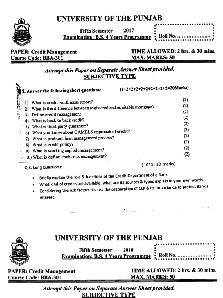 CREDIT MANAGEMENT past papers of punjab university | PDF | Finance ...