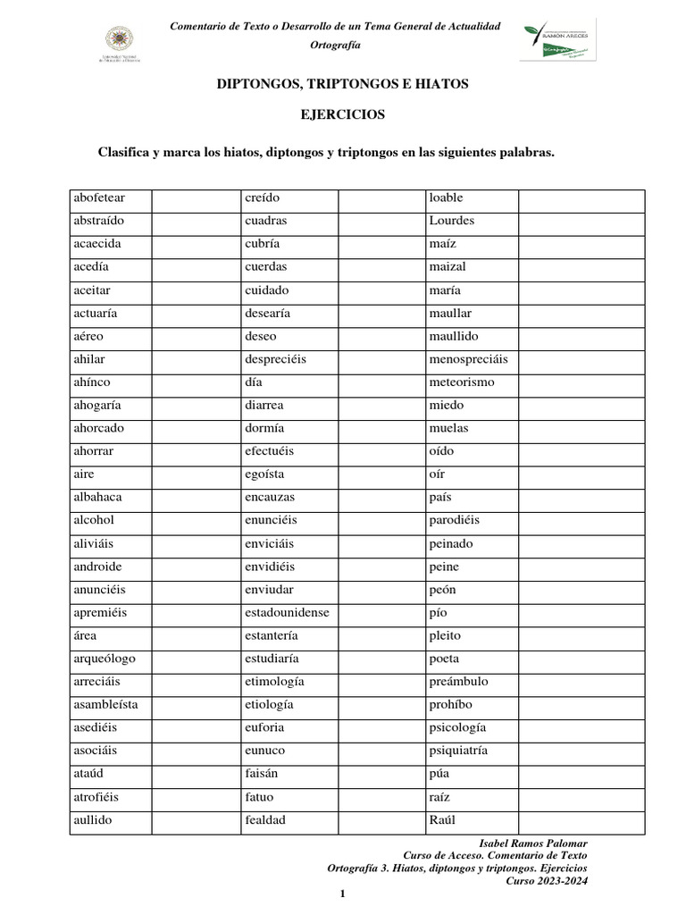 Ortografía 3. Diptongos, Triptongos e Hiatos. Ejercicios | PDF | Fonética