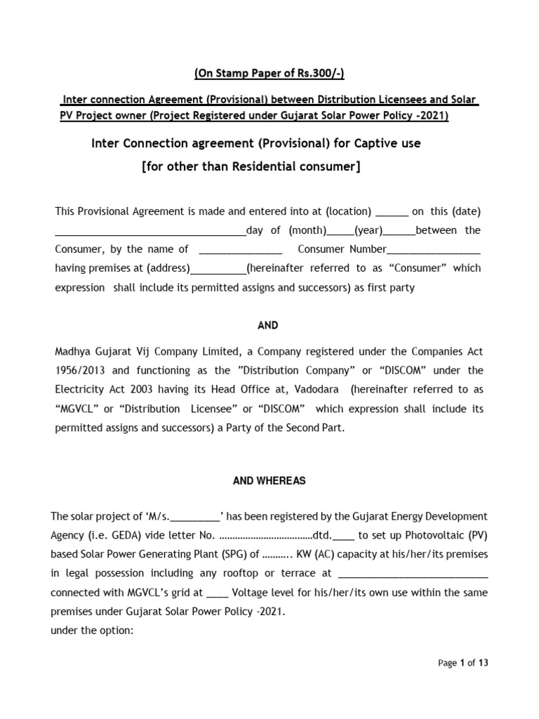 A1.Provisional Agreement For Captive Use For Project Registered Under Gujarat Solar Power Policy ...