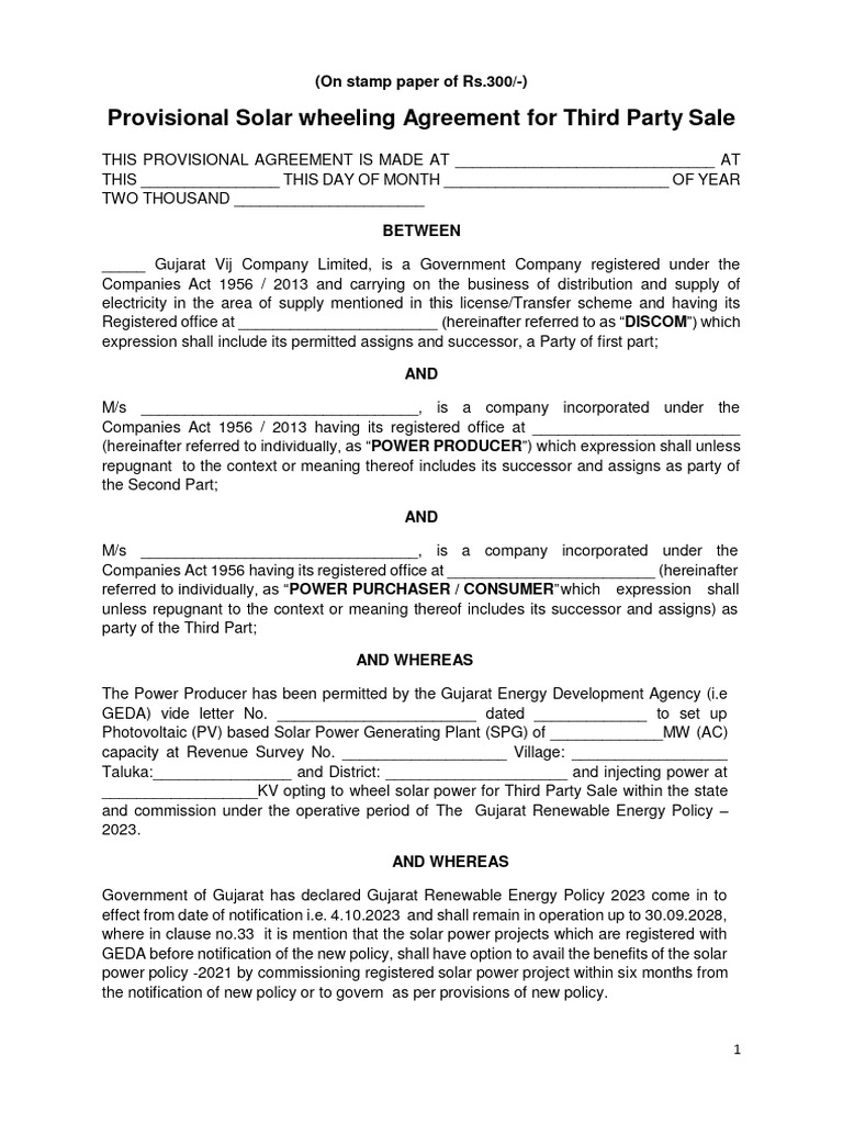 C 1. Provisional Solar Wheeling Agreement For Third Party (Project ...