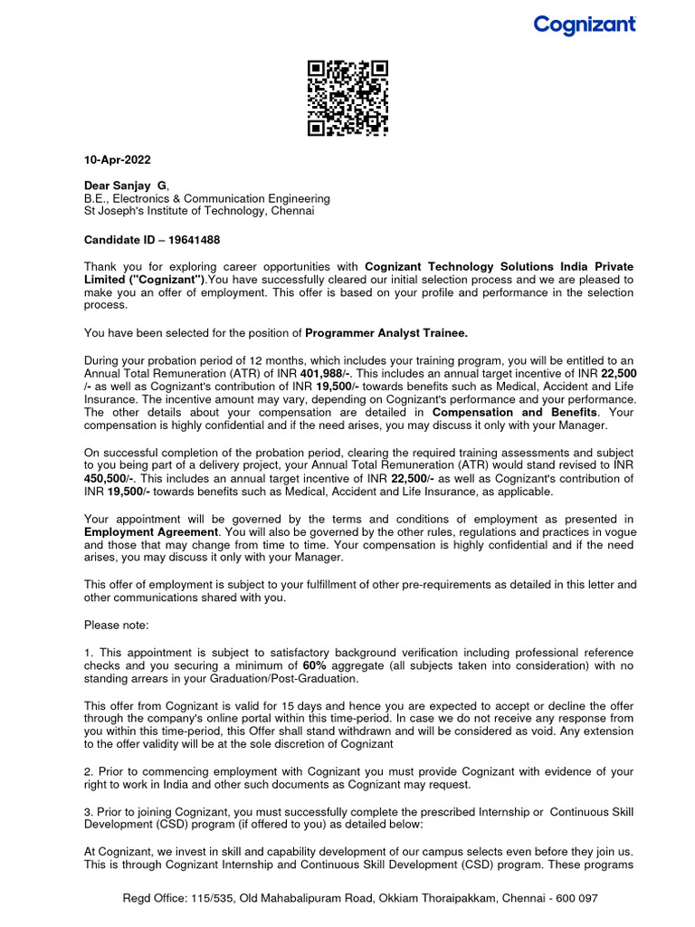 Sanjay G Cognizant Offer | PDF | Indemnity | Employment