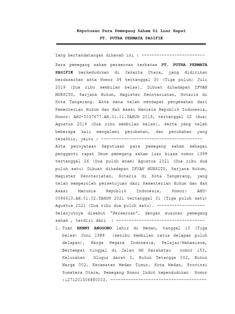 Notulen Rapat Sirkuler Pt. Putra Permata Pasifik | PDF