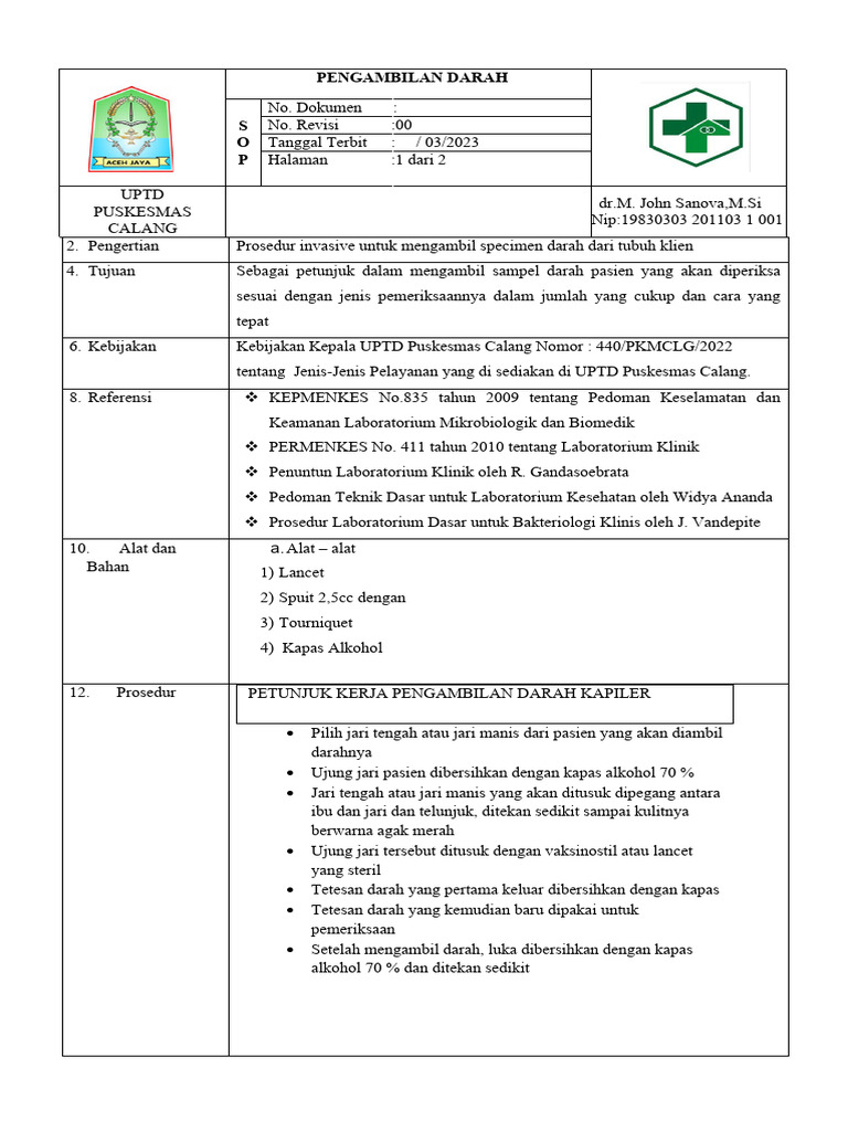 Sop Pengambilan Darah | PDF | Sains & Matematika