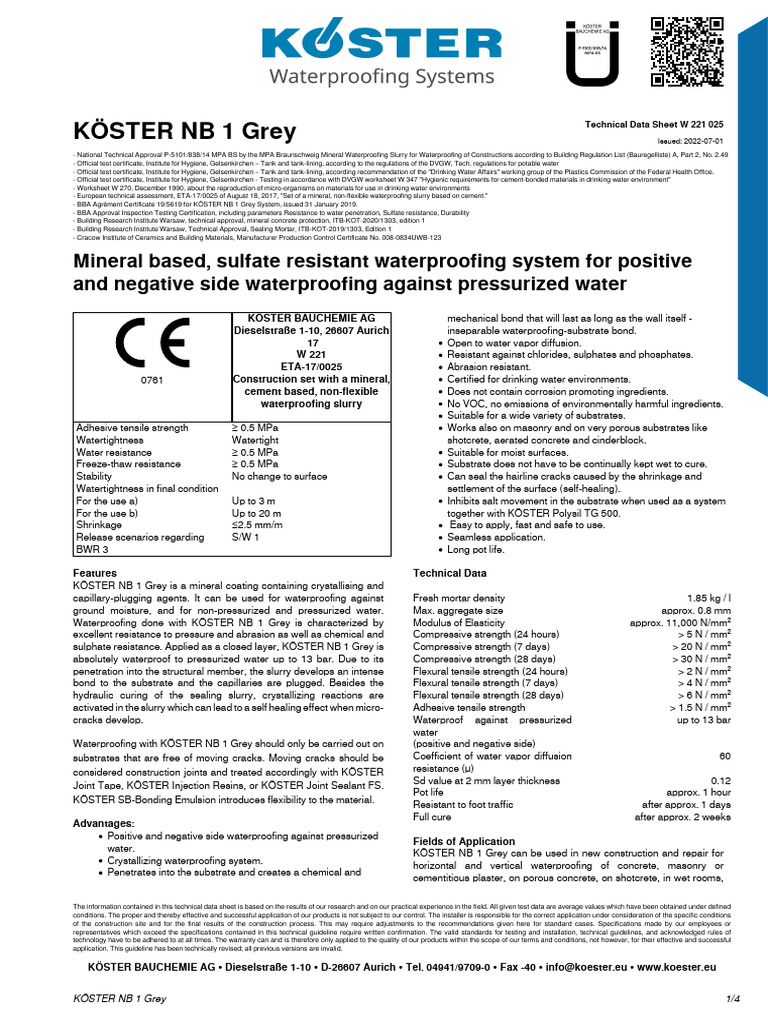 KÖSTER NB 1 Grey Waterproofing System | PDF | Concrete | Water