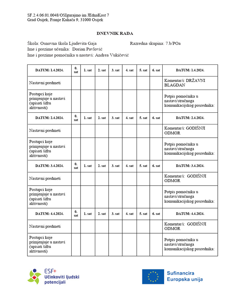 Obrazac 4 - Dnevnik Rada PUN (4.mj.) | PDF