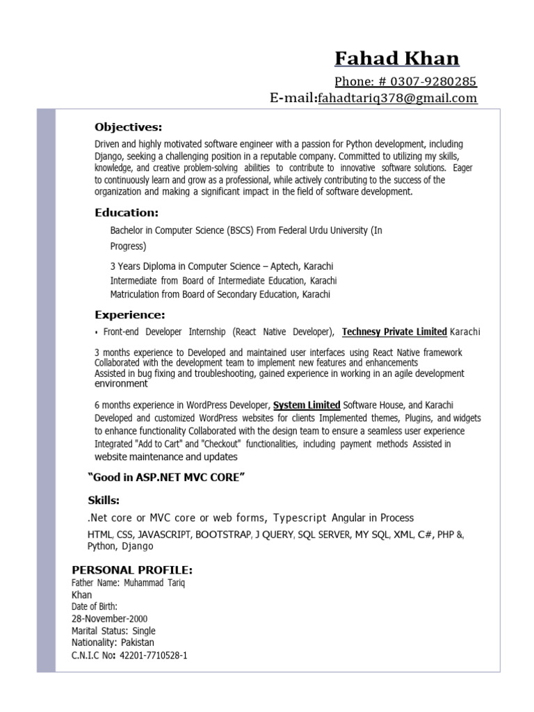 Muhammad Fahad Khan CV | PDF