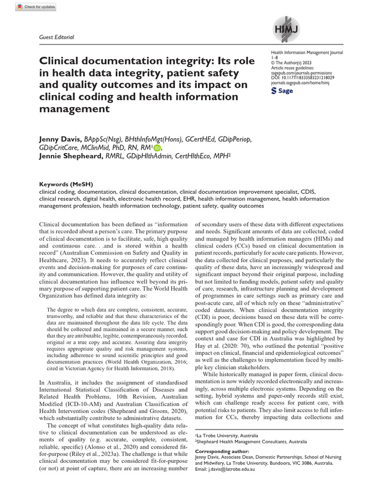 Davis Shepheard 2023 Clinical Documentation Integrity Its Role in Health Data Integrity Patient ...