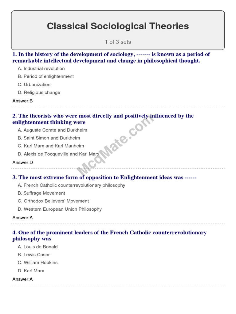 Classical Sociological Theories MCQs | PDF | Sociology | Émile Durkheim