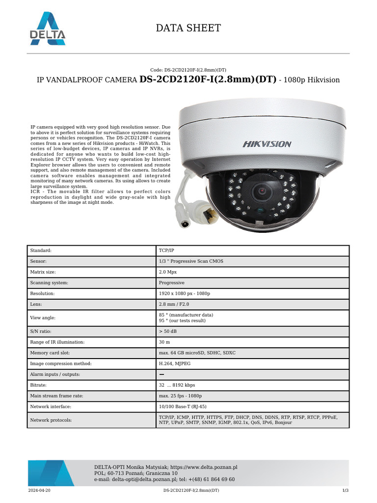 Delta Opti - Datasheet DS 2CD2120F I2.8mmDT | PDF | Streaming Media | Camera