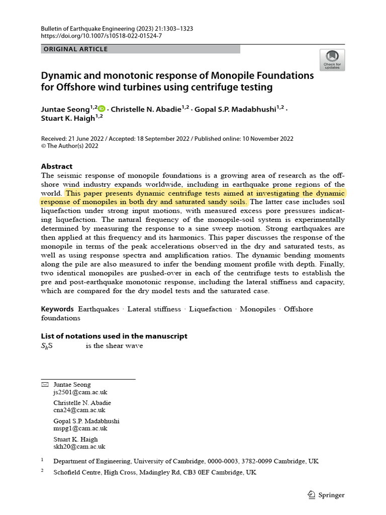 Seong - Bulletin of Earthquake - Dynamic and Monotonic Response of Monopile Foundations For ...