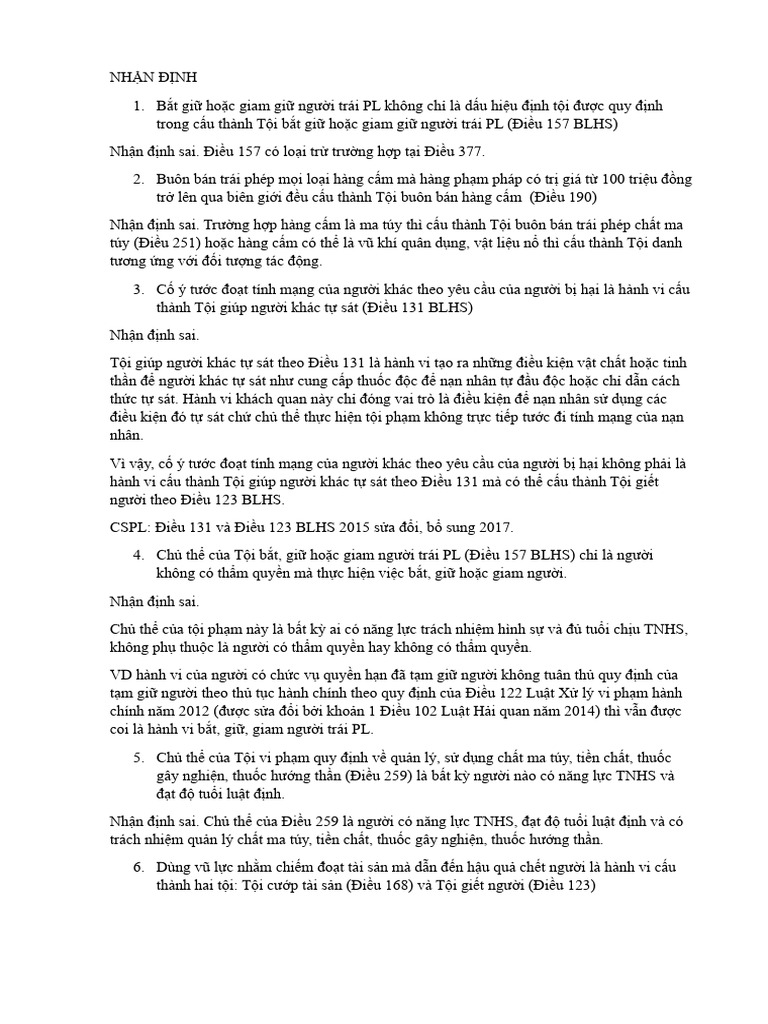 Thi Hinh Su Toi Pham Nhan Dinh Bai Tap Thi Luat Hinh Su Phan Cac Toi Pham | PDF