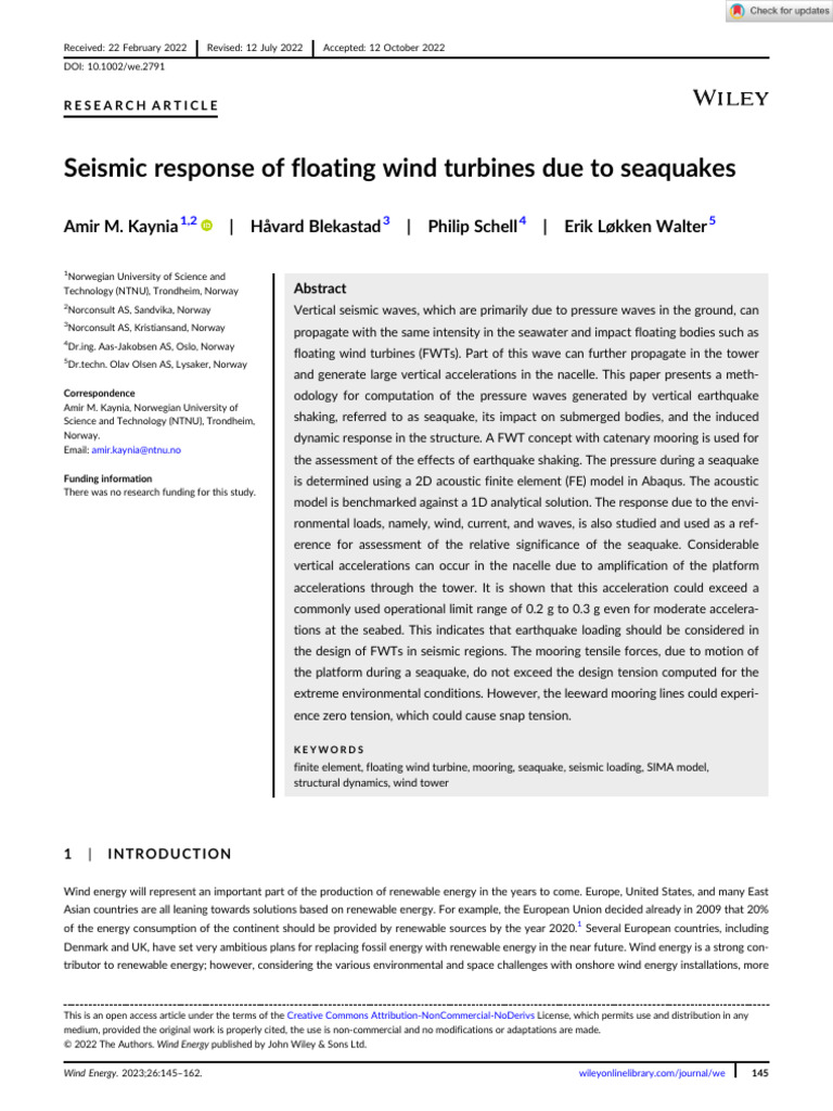 Kaynia_Wind Energy - 2022 -Seismic response of floating wind turbines due to seaquakes | PDF ...