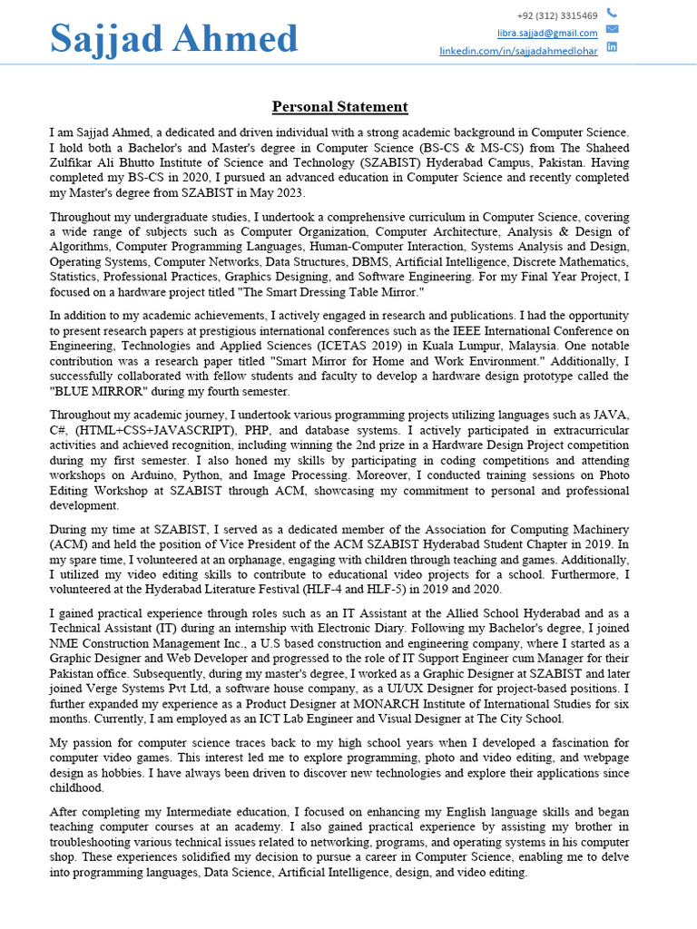 Personal Statement | PDF | Computer Science | Science