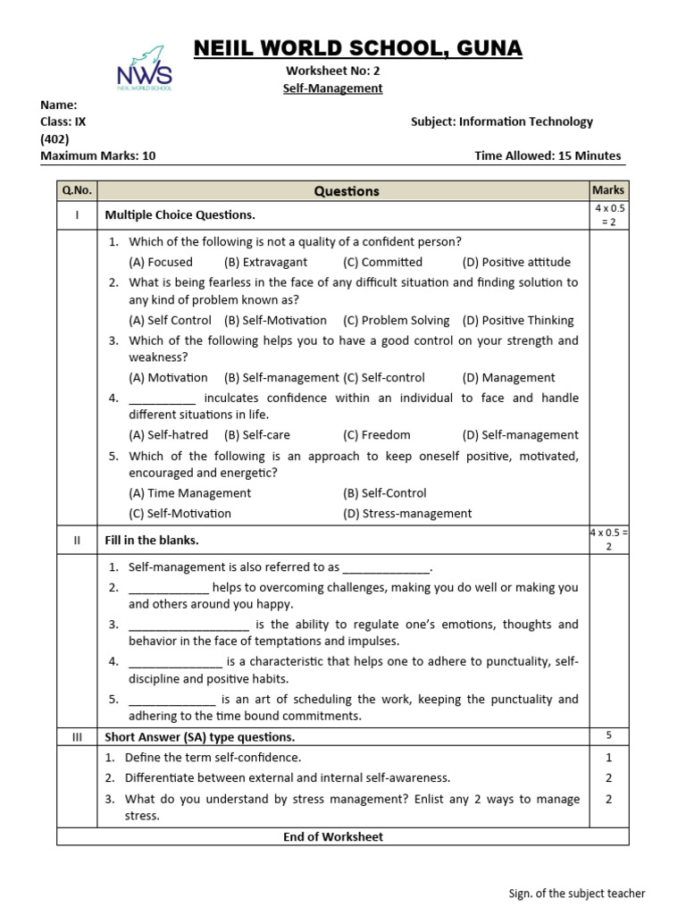 IX WS - 2 (Self-Management) | PDF | Self Control | Self-Management