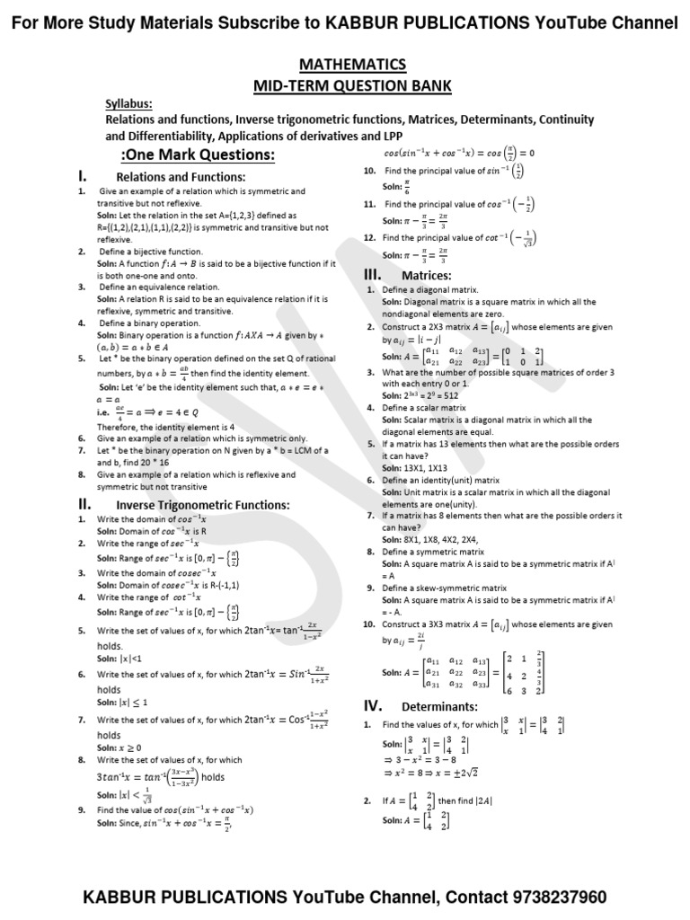 PU II Maths Mid-Term QB-1 | PDF | Matrix (Mathematics) | Function (Mathematics)