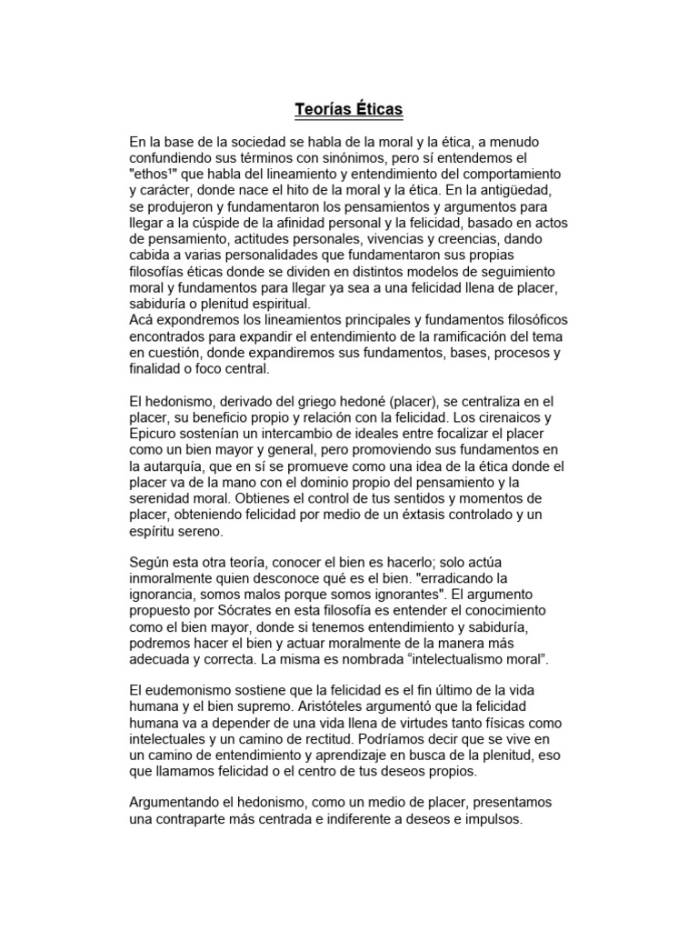 Teorías Éticas: Hedonismo a Kant | PDF | Moralidad | Placer
