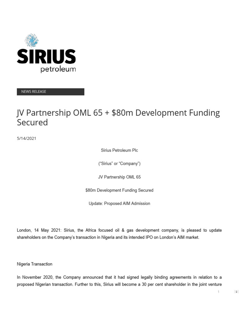 OML 65 Development Funding Secured | PDF | Business | Private Sector