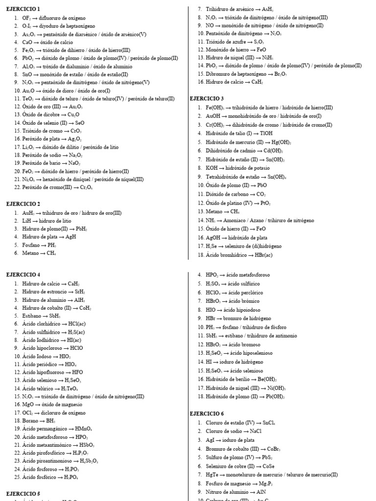 EJERCICIOS Formulación Inorg 4ºESO SOLUCIONES | PDF | Ácido | Hidróxido