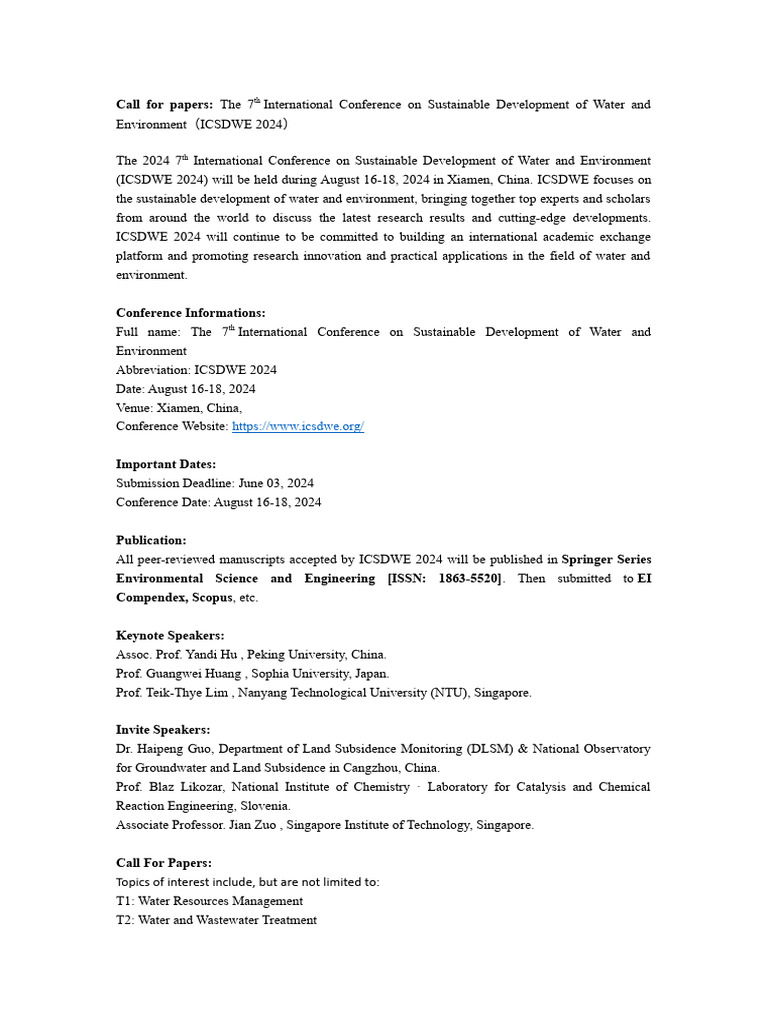 ICSDWE 2024: Call for Papers on Water | PDF