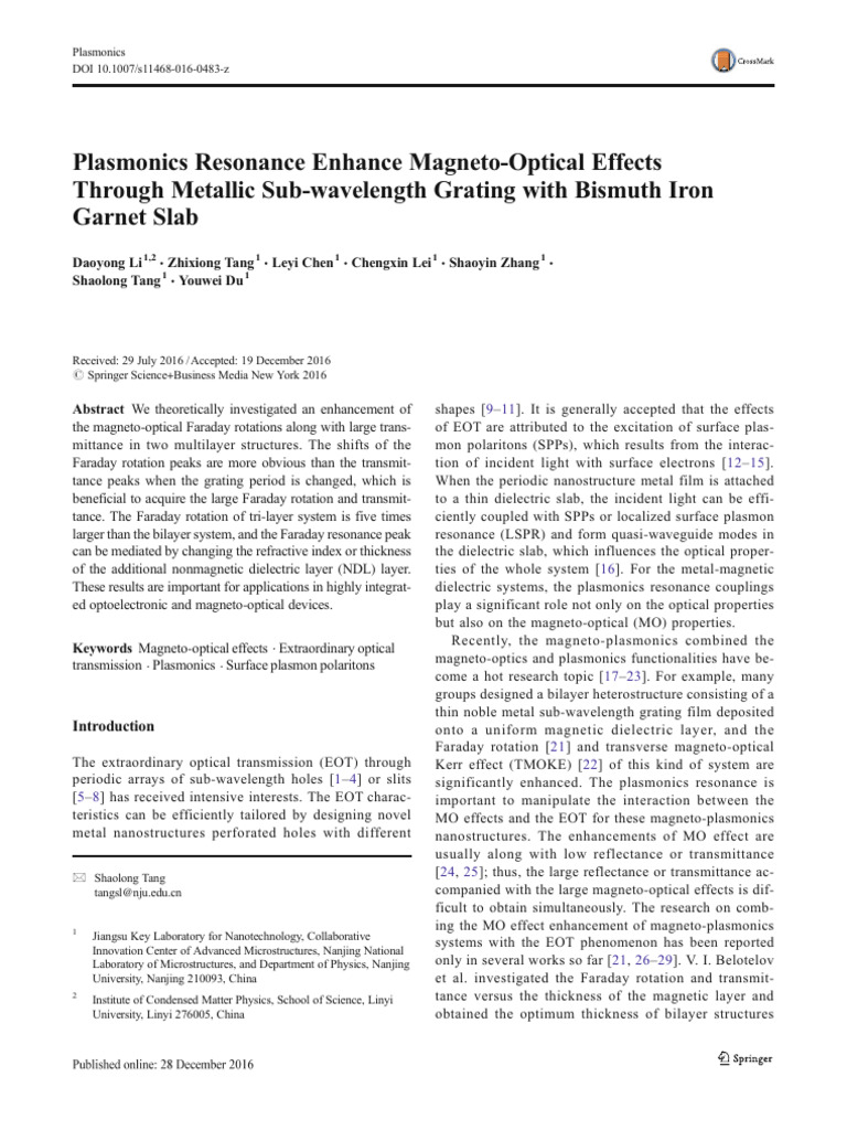 Enhanced Magneto-Optical Effects via Plasmonics | PDF | Electromagnetic Spectrum | Optics