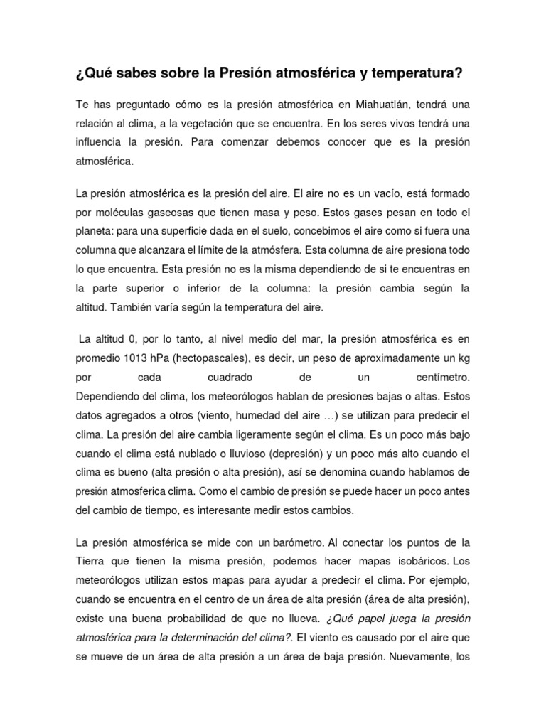 Presión Atmosférica y Clima: Impacto en Seres Vivos | PDF | Presión ...