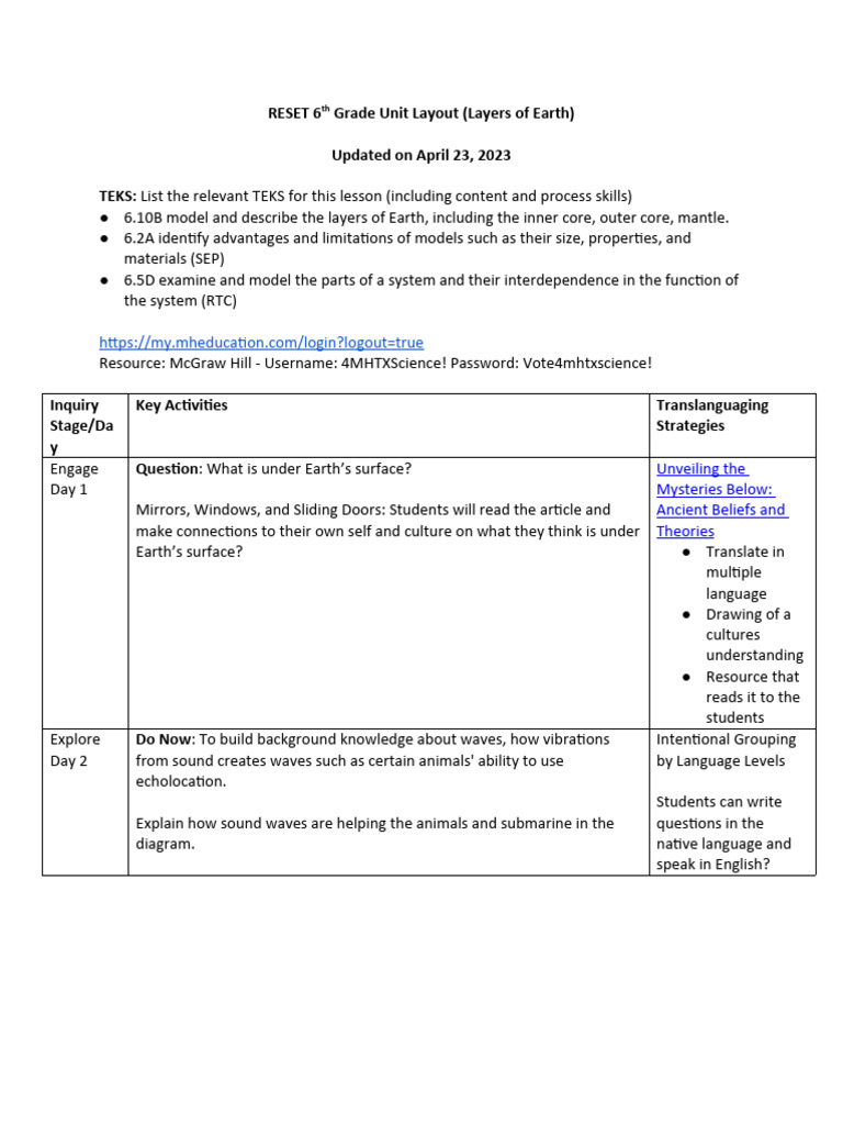 Revised Reset 6th Grade Unit Layout and Materials 4 1 24 | PDF | Earth ...