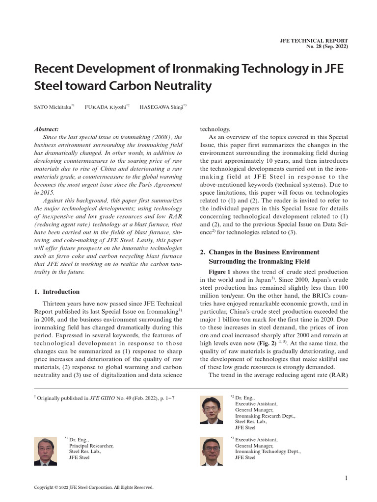 JFE Steel Hydrogen -11 | PDF | Steelmaking | Blast Furnace