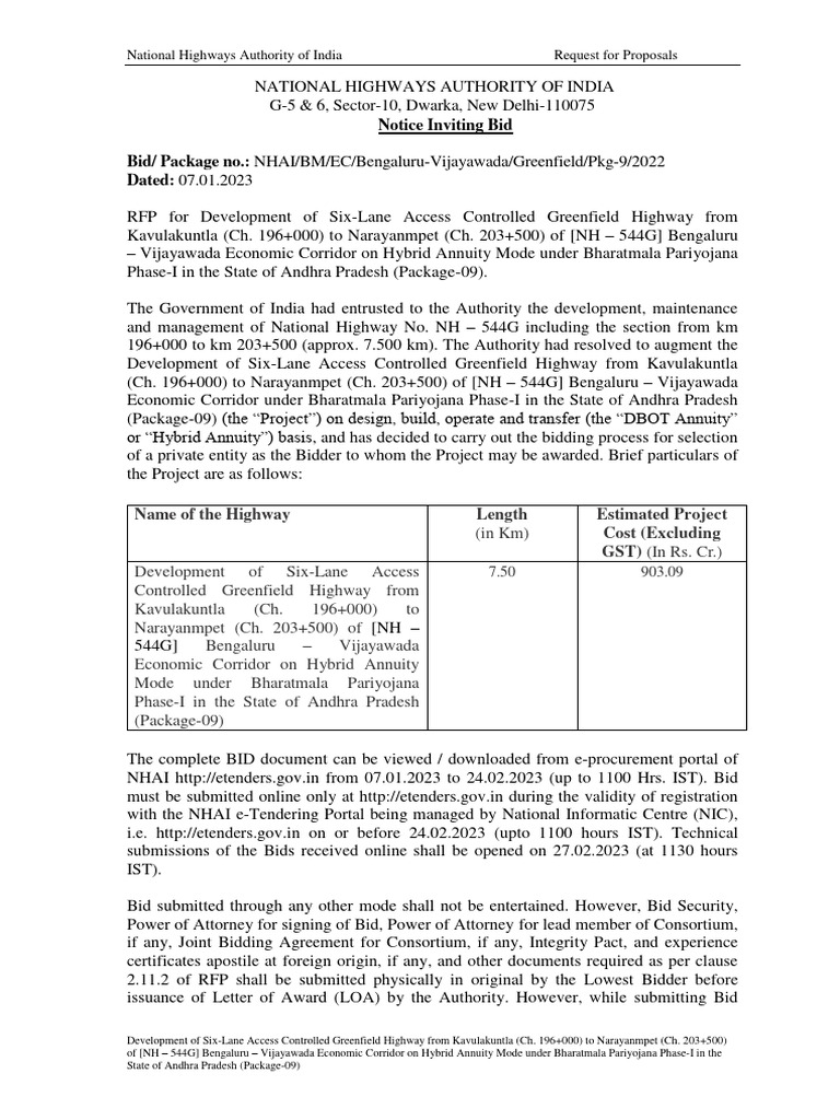 1A. Revised - NIT - Bengaluru Vijayawada PKG 9 | PDF | Request For Proposal | Cheque