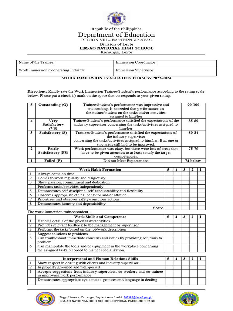 Work-Immersion-Evaluation-Form | PDF | Social Psychology | Psychology