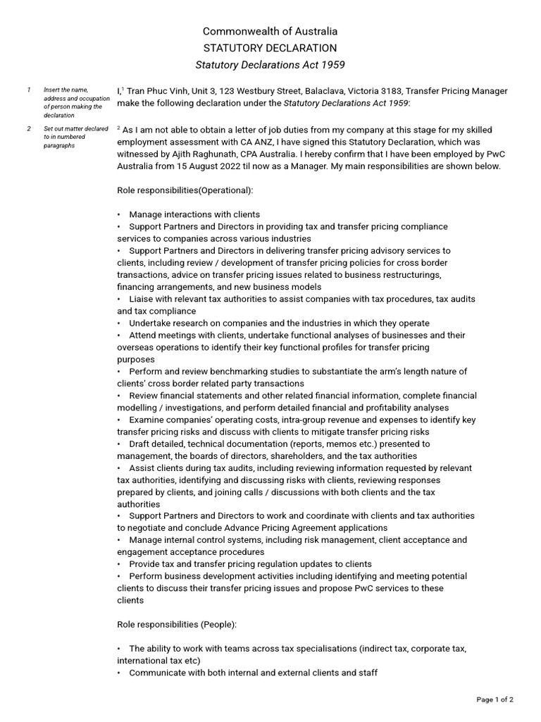 Updated Commonwealth Statutory Declaration Form Tran Phuc Vinh | PDF ...