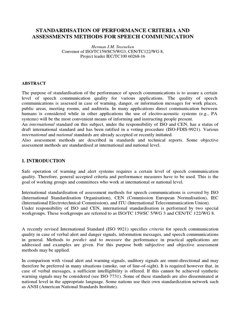 Standardisation of Performance Criteria and Assessments Methods For ...