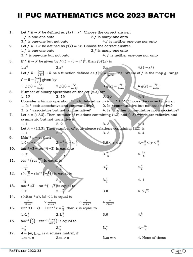 II PUC Math MCQs 2023 | PDF | Matrix (Mathematics) | Determinant