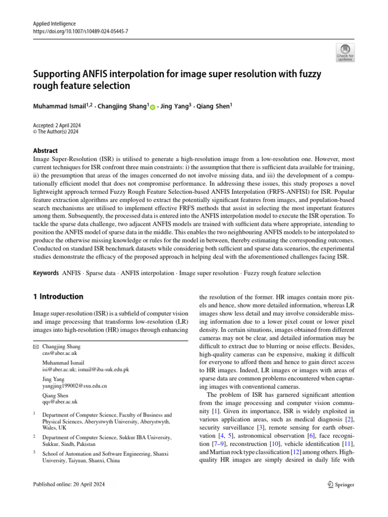 Supporting ANFIS Interpolation For Image Super Resolution With Fuzzy Rough Feature Selection ...