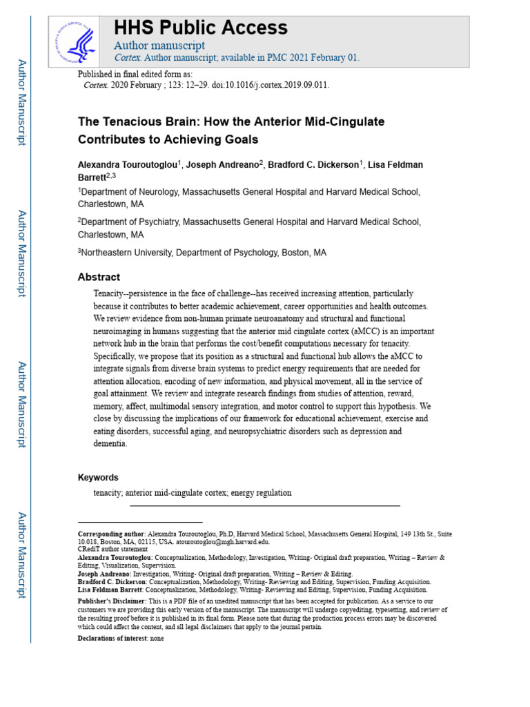 The Tenacious Brain How The Anterior Mid-Cingulate Contributes To ...