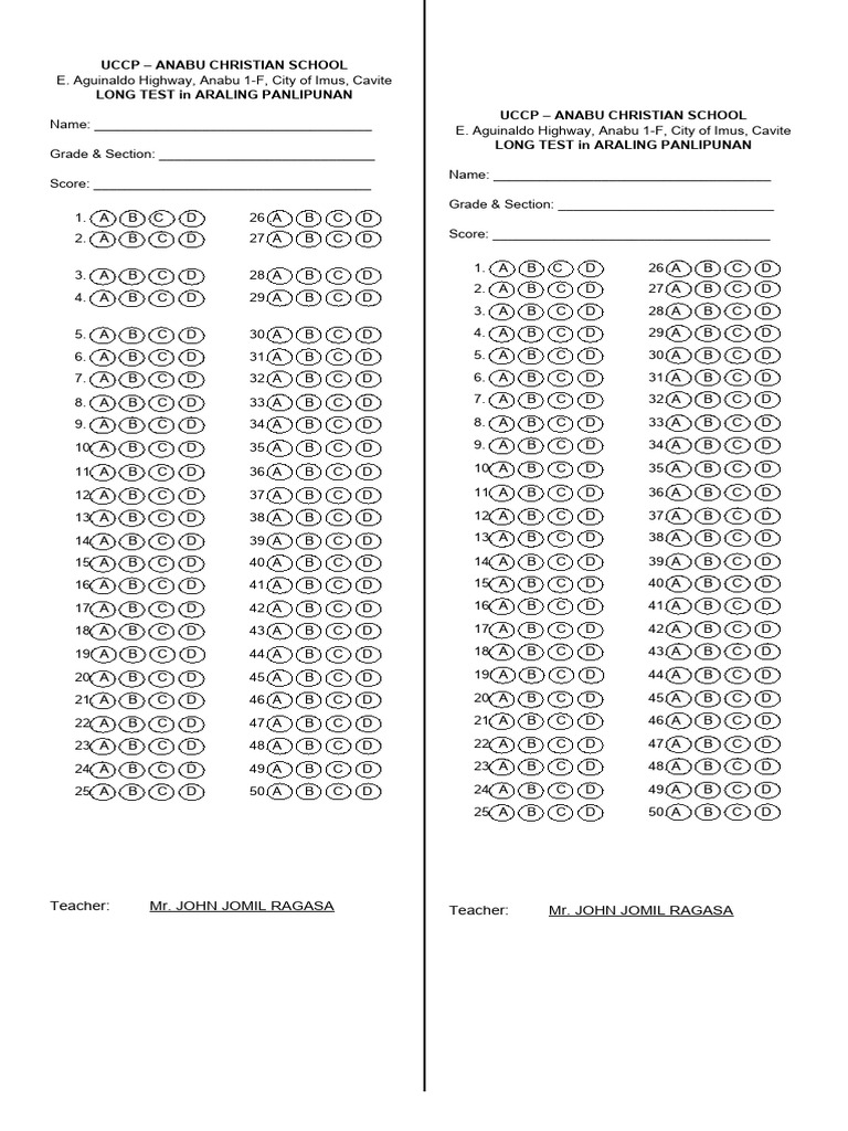 BUBBLE SHEET FOR LONG TEST | PDF