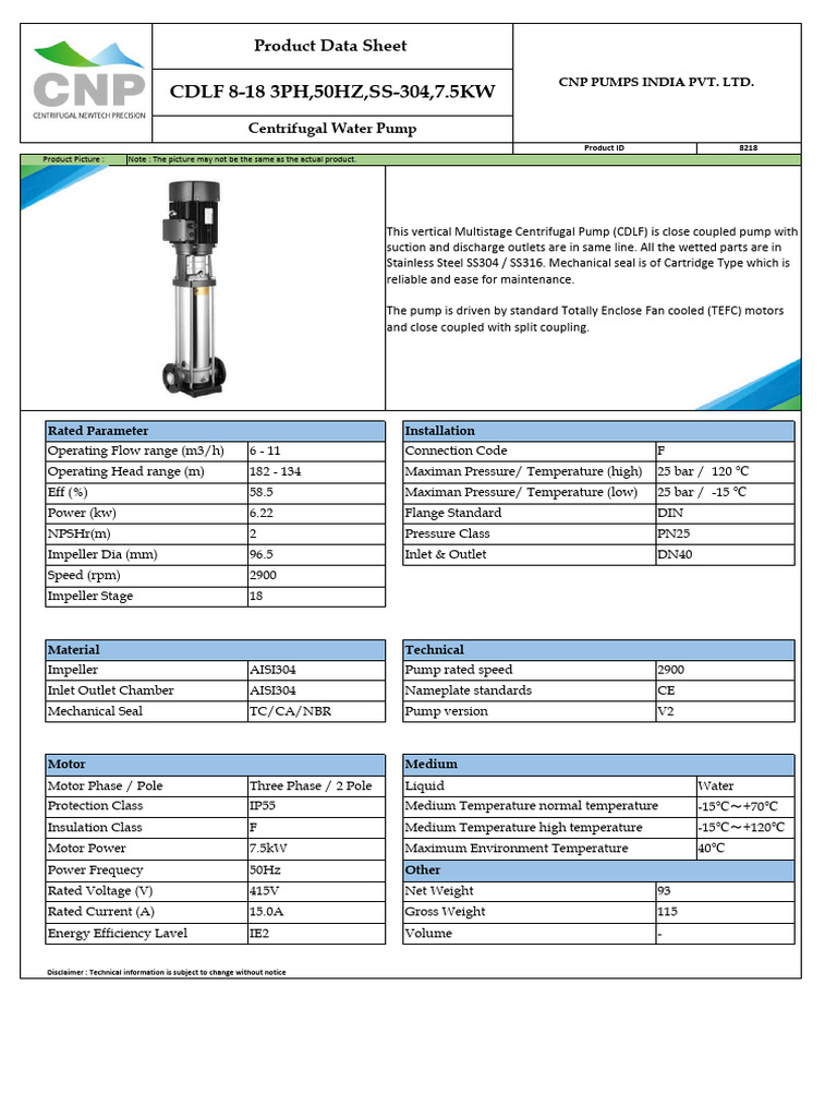 8218 CDLF 8-18 3PH 50HZ SS-304 7-5KW | PDF | Pump | Energy Technology