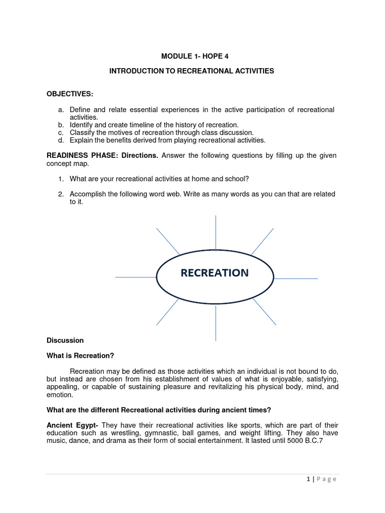 Hope 4-Module 1-Recreational Activities | PDF | Recreation | Outdoor ...
