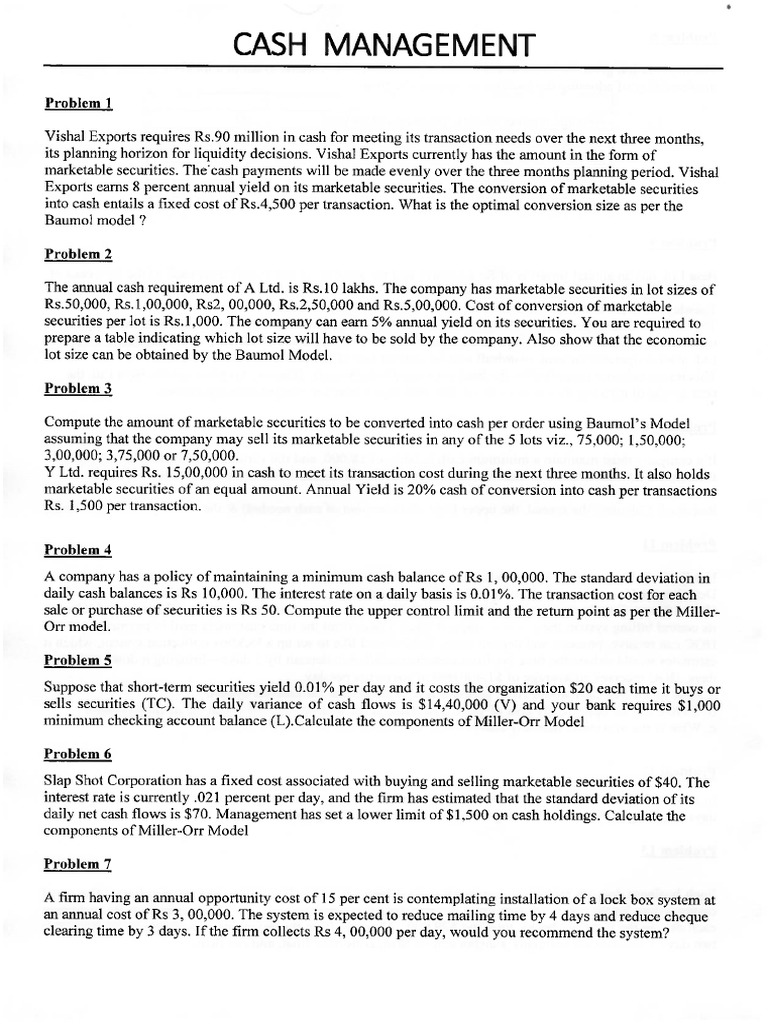 Classwork Questions On Cash Management | PDF