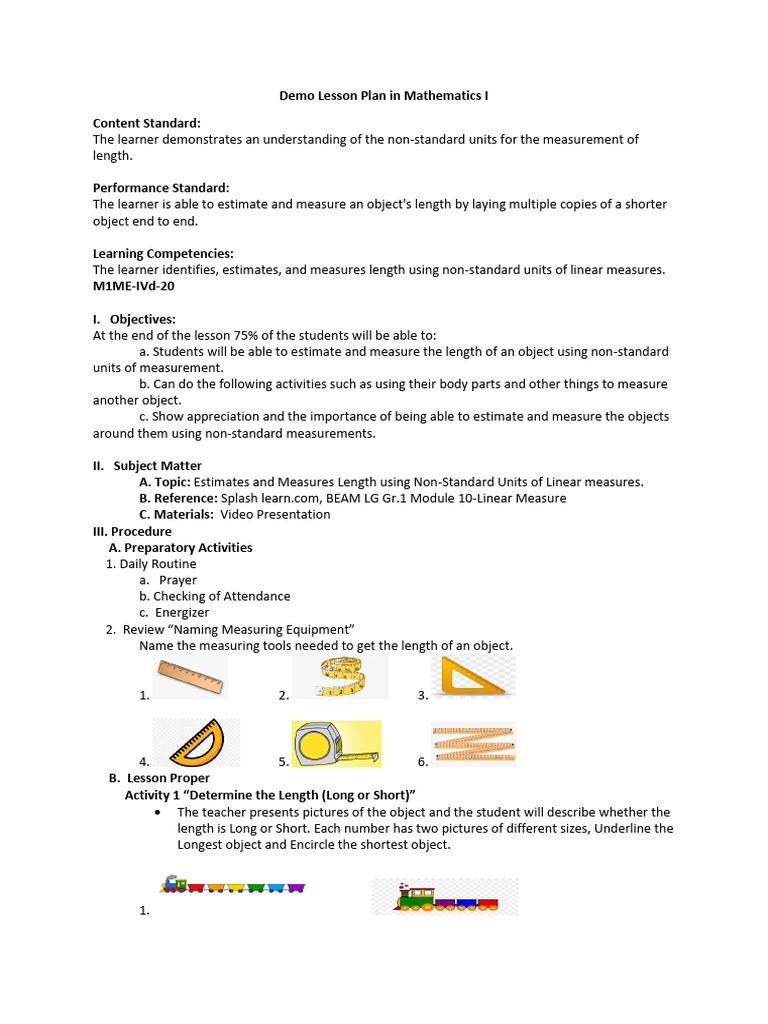 Non-Standard Length Measurement Lesson | PDF | Learning | Lesson Plan