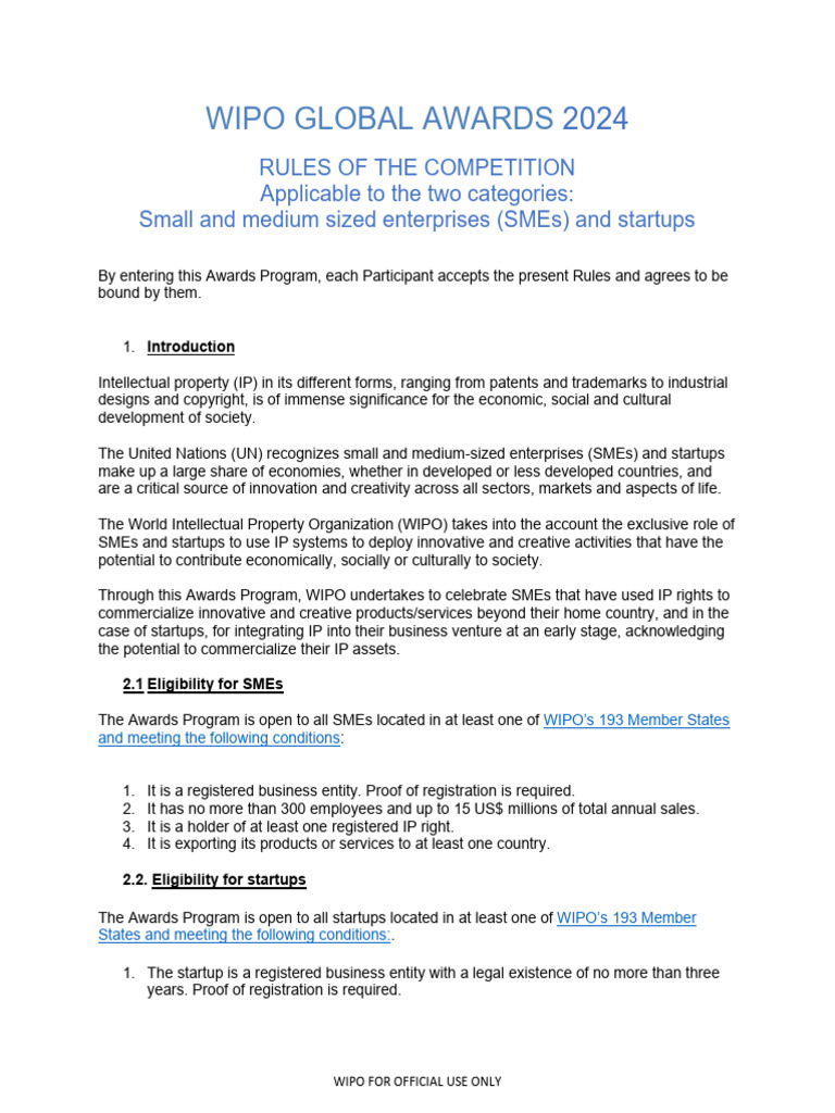 WIPO Global Awards 2024 Rules | PDF | Intellectual Property | World ...