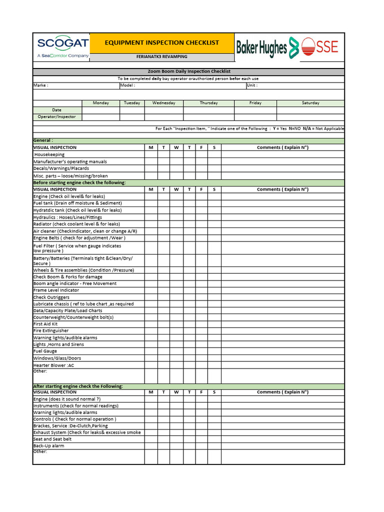 Zoom Boom Daily Inspection Checklist | PDF | Technology & Engineering