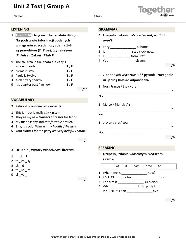 Unit 2 Test for Class 4 Students | PDF | Clothing | Fashion