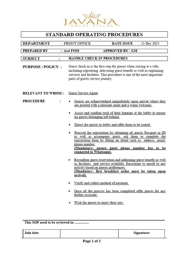 Front Office Check-In Guide | PDF