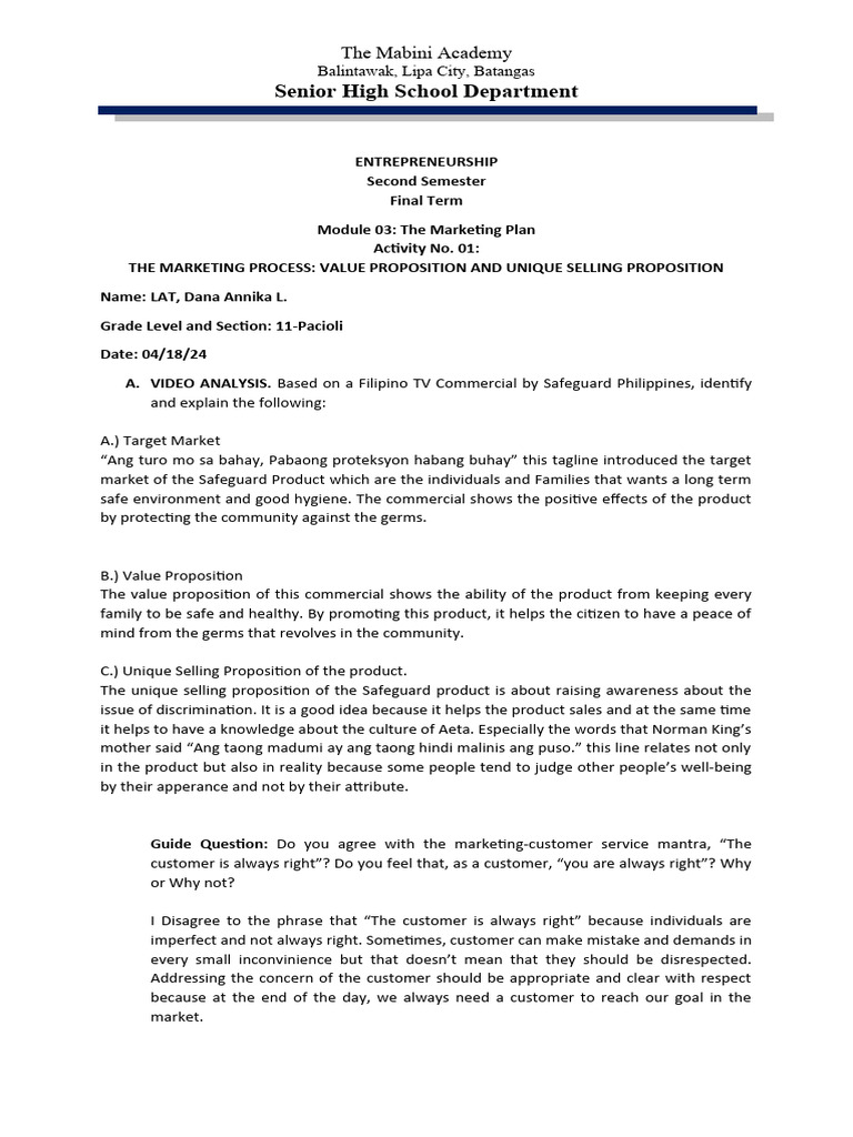 Entrep Module 03 Activity 01 | PDF | Marketing | Business Economics