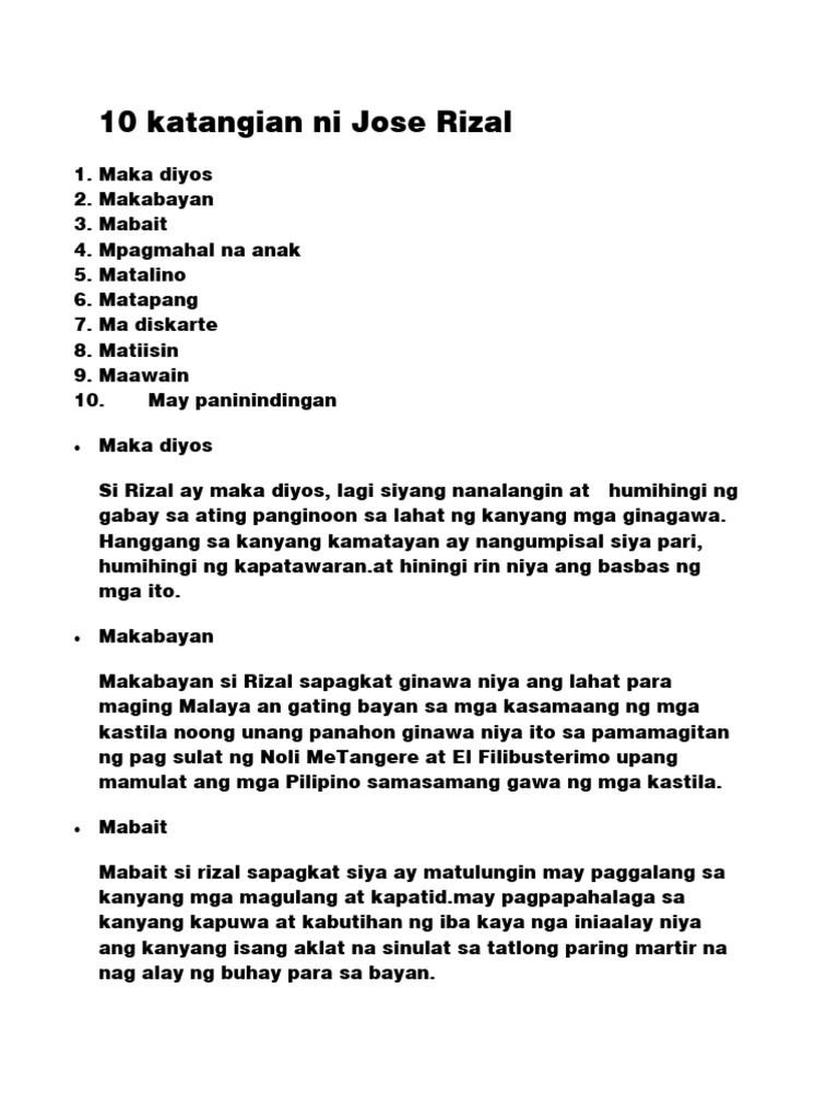 10 katangian ni Jose Rizal | PDF 10 katangian ni Jose Rizal | PDF