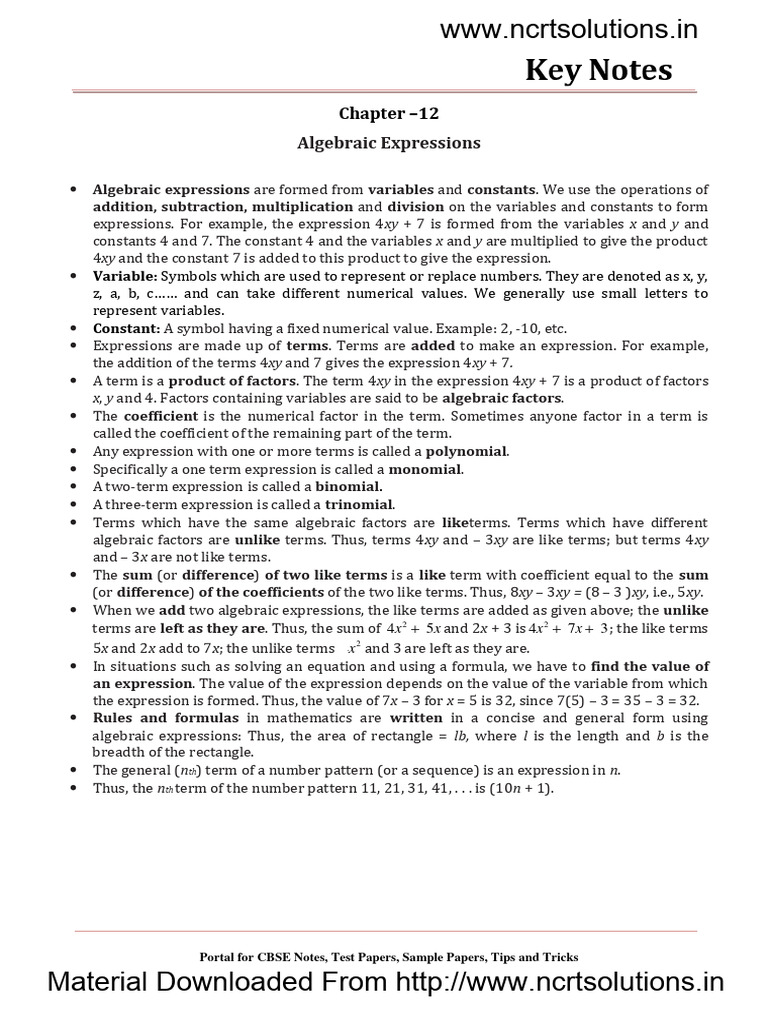 CBSE Algebraic Expressions Guide | PDF | Variable (Mathematics) | Factorization