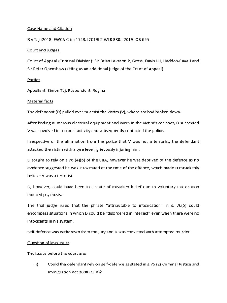 R V Taj Case Note | PDF | Paranoia | Mens Rea