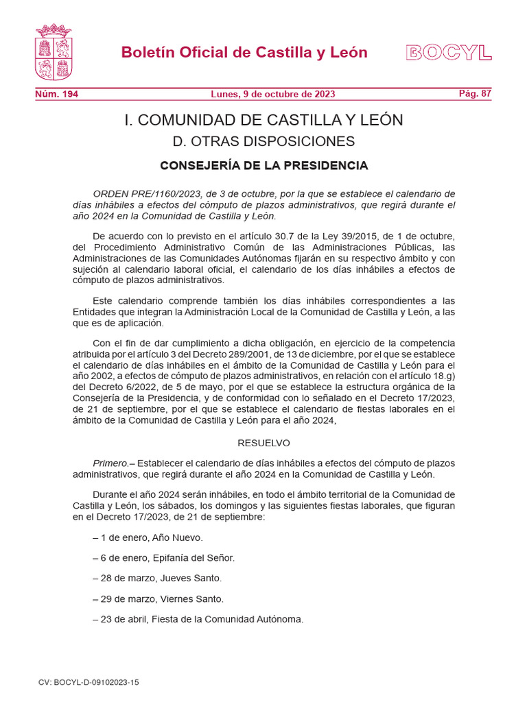 BOCyL+n º+194 | PDF | Calendario | Gobierno